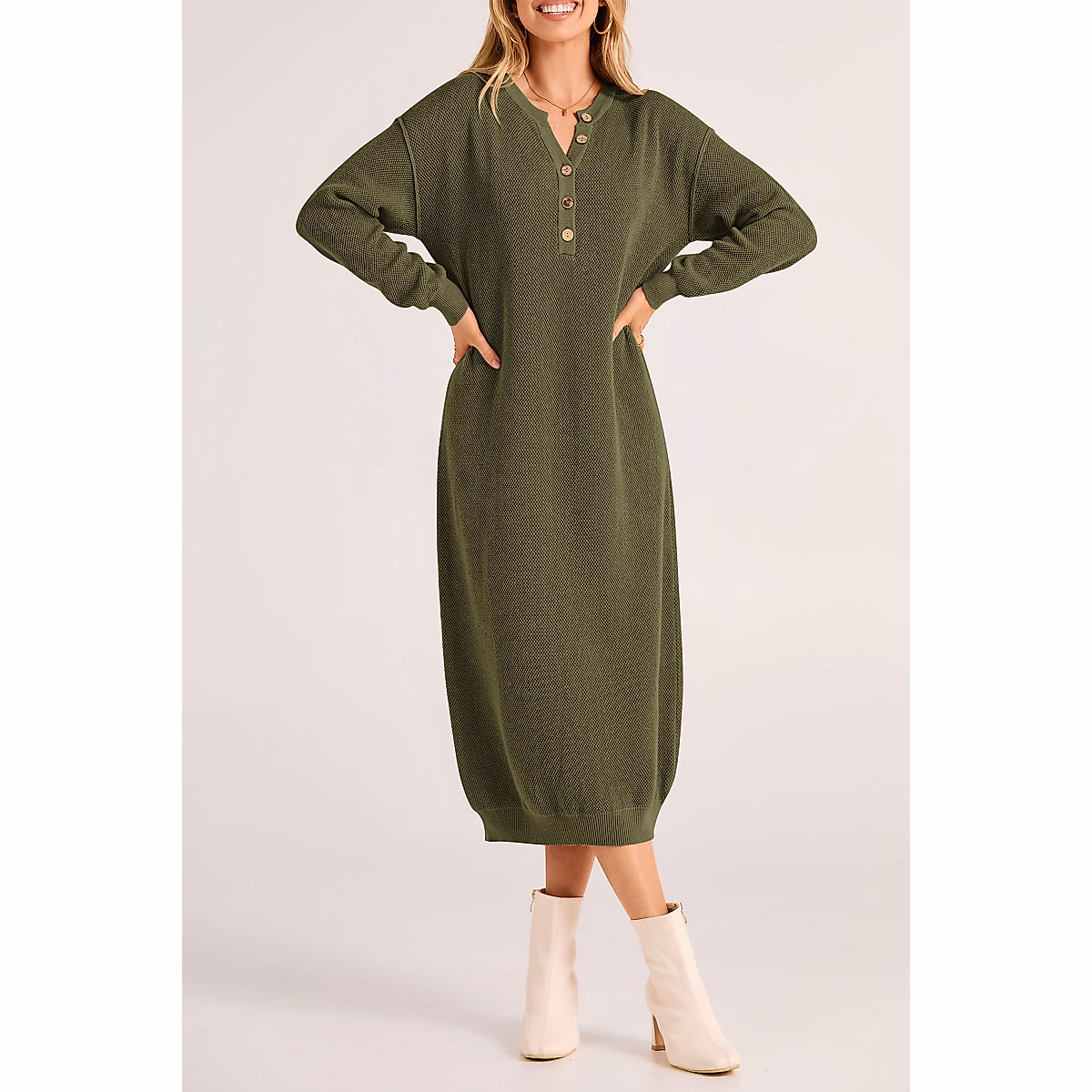 PRETTYGARDEN Women's 2024 Fall Knit Sweater Dress Long Sleeve Button V Neck Loose Casual Maxi Dresses (Black,X-Large)