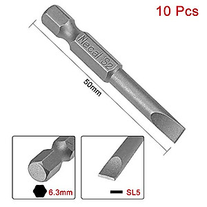 uxcell 10 Pcs 5mm Slotted Tip Magnetic Flat Head Screwdriver Bits, 1/4 Inch Hex Shank 2-inch Length S2 Power Tool