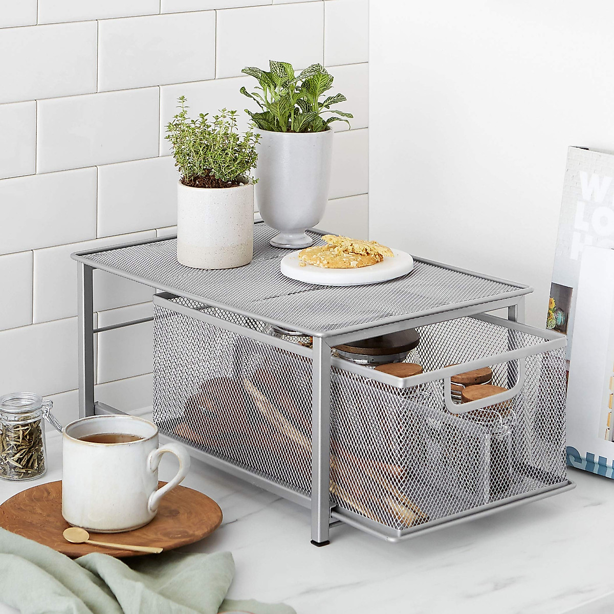 Amazon Basics Mesh Sliding Basket Drawer Storage Shelf Organizer, Silver