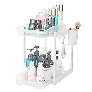 Under Sink Organizers and Storage, Double Sliding Cabinet Organizer Drawer,Pull Out Cabinet Organizer 2 Tier Large Capacity Under Bathroom Storage Rack with 6 Hooks, 1 Hanging Cup, Translucent,1 Pack