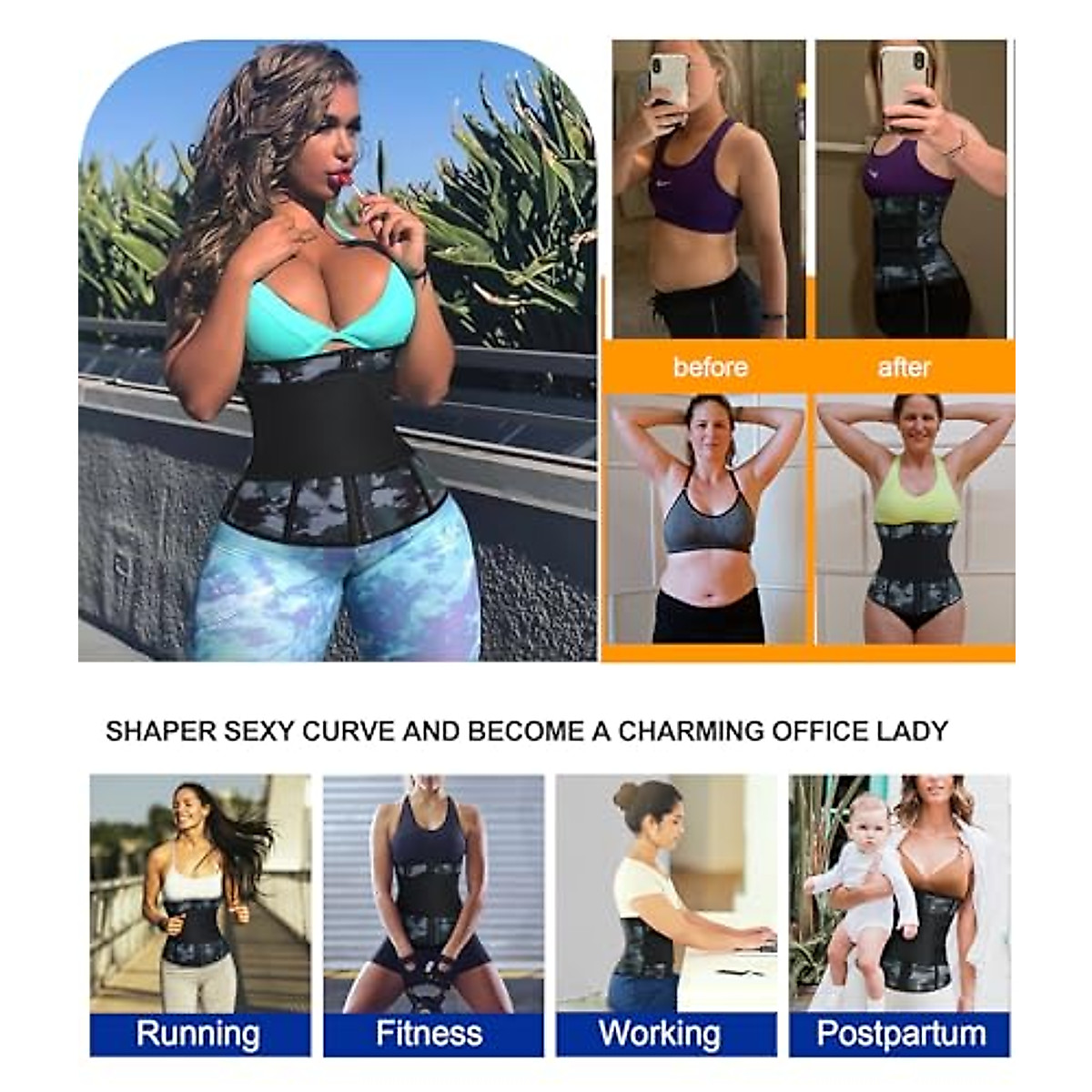 TrainingGirl Women Waist Trainer Cincher Corset Tummy Control Workout Sweat Band Slimmer Belly Belt Weight Loss Sports Girdle (Camo, Large)