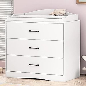 FUFU&GAGA Small Modern Wood Nursery Storage Dresser Chest with Wide Table Top & 3 Drawers, Wide Storage Space Functional Organizer