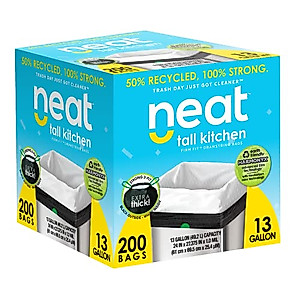 Neat Tall Kitchen 13 Gallon Drawstring Trash Bags - (MEGA 200 Count) - Triple Ply Fortified, Eco-Friendly 50% Recycled Material, Neutralize+ Odor Technology, Reversible Black and White Garbage Bags