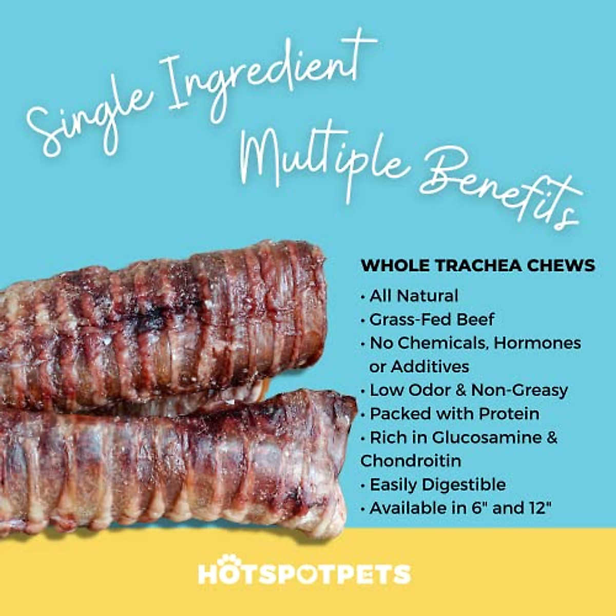 hotspot pets Premium 12'' Beef Trachea for Dogs Large - All Natural Long Lasting Dog Chews Rich in Glucosamine & Chondroitin 100% Beef Chews Single Ingredient Grass Fed Dog Treats