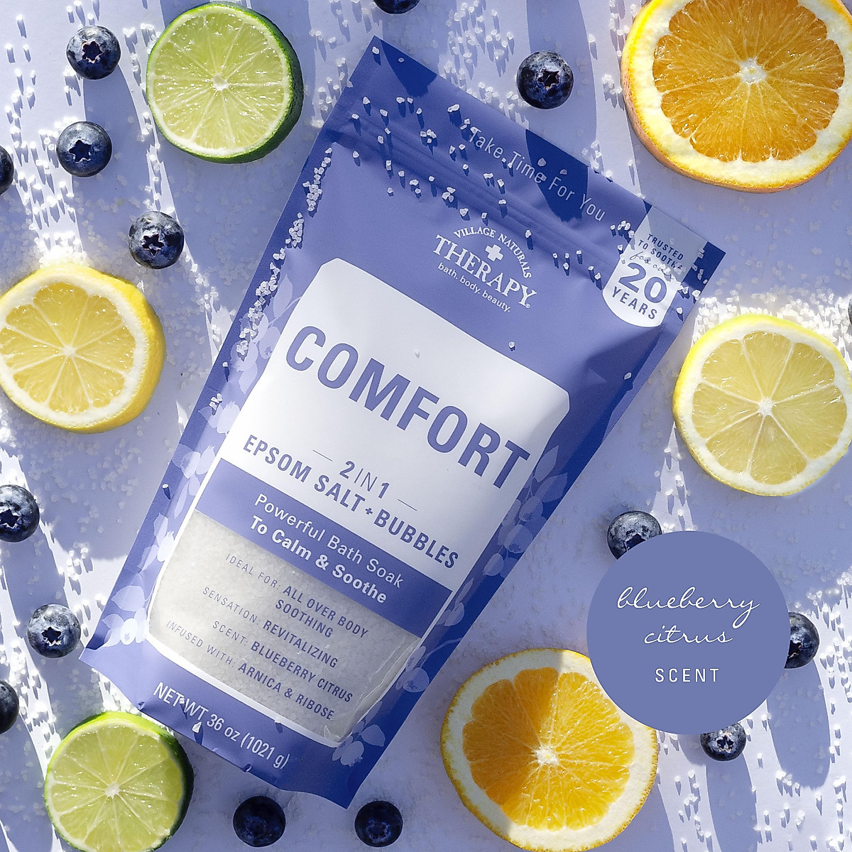 Village Naturals Therapy Comfort Foaming Bath Soak, Blueberry Citrus Scent, 36 oz, Pack of 2