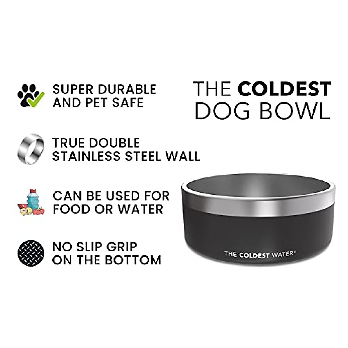 Coldest Dog Bowl - Stainless Steel Non Slip No Spill Proof Skid Metal Insulated Dog Bowls, Cats, Pet Food Water Dish Feeding for Large Medium Small Breed Dogs (42 oz, Stealth Black)