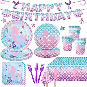 122Pcs Mermaid Birthday Party Supplies Mermaid Party Decorations Set Includes Plates, Napkins, Forks, Cups, Tablecloth, Banner for Girls Baby Shower Ocean Party Supplies, Serves 24