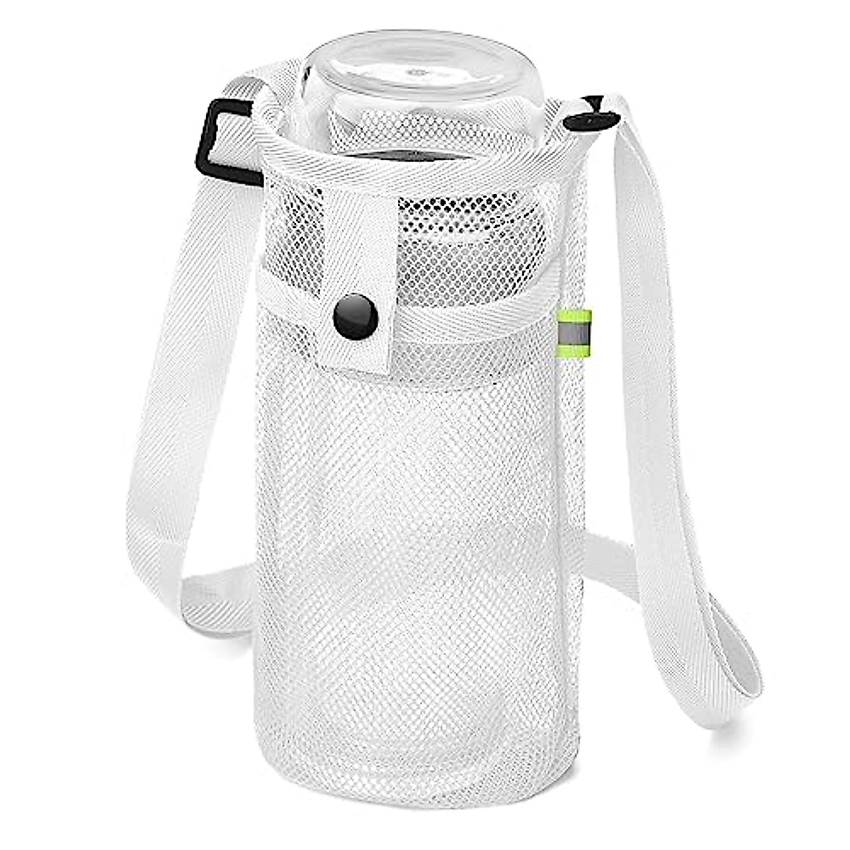 Water Bottle Bag with Strap, Mesh Water Bottle Holder Crossbody Water Bottle Sling Bag Adjustable Shoulder Strap and Pocket - Lightweight Water Bottle Carrier for Walking Sports Hiking Camping (White)