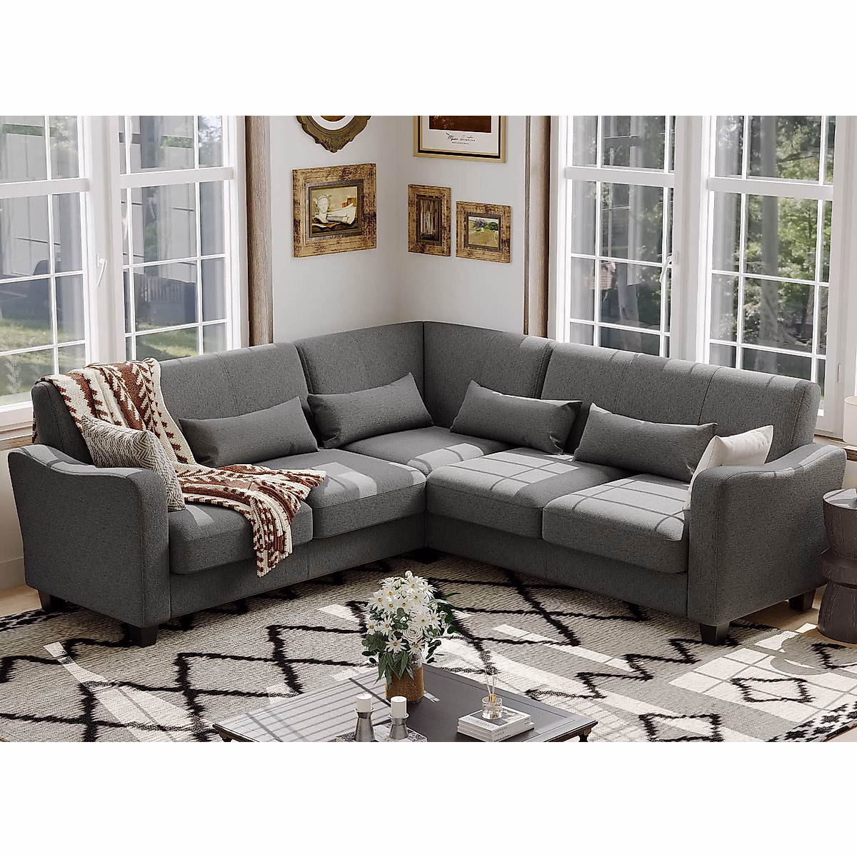 Belffin Fabric L Shaped Sofa Small Sectional Couch with Chaise Solid Corner Sofa Small L Couches 5 Seater Sofa Light Grey