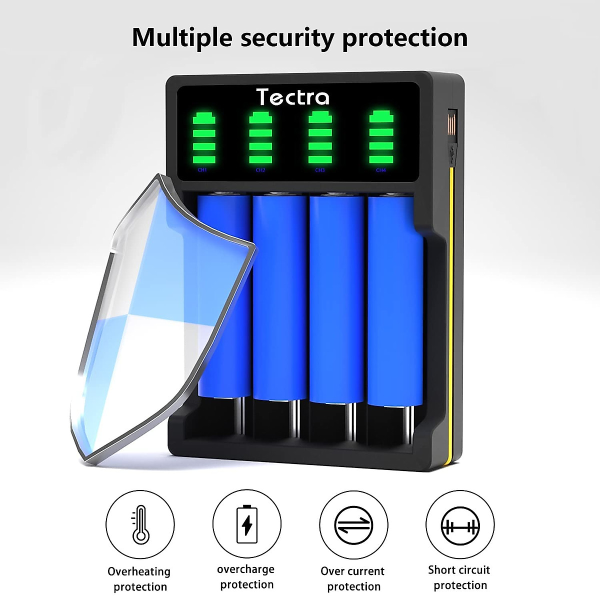 18650 Battery Charger, Tectra Universal Smart LED Charger for Rechargeable Li-ion Batteries 18650 26650 18490 17670 17500 16340 14500, Ni-MH Ni-Cd A AA AAA AAAA Batteries