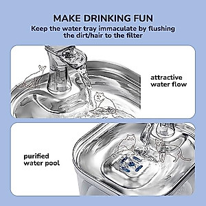 FURBULOUS pet Fountain 68oz/2L, Automatic cat Water Fountain, 3-Speed Adjustable Silent Water Pump, 304 Stainless Steel Drinking Tray, Translucent Water Tank. Dog Water Dispenser for Multiple Pets