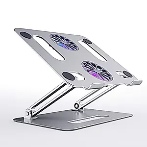 YICOSUN Portable Aluminum Laptop Holder, with Cooling Fan,Adjustable Ergonomic Laptop Stand, Foldable Computer Stand Anti-Slip Laptop Riser Compatible with 9-15.6 inch Laptops, Silvery