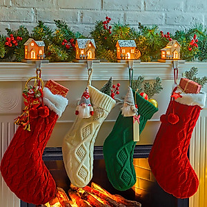 Christmas Stocking Holders for Mantle, Set of 4 Christmas Mantle Wood Room Stocking Hangers with Lights, Weighted Christmas Different Room Stocking Hooks for Fireplace Counter Window Decoration