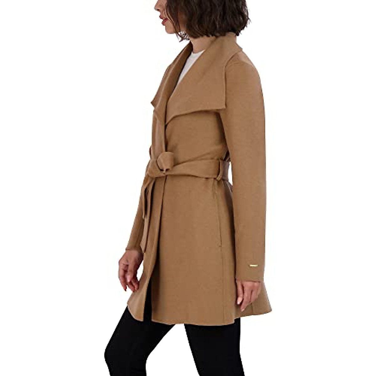 Tahari Women's Ella Lightweight Double Face Wool Wrap Coat with Tie Belt, Solid Camel, Medium