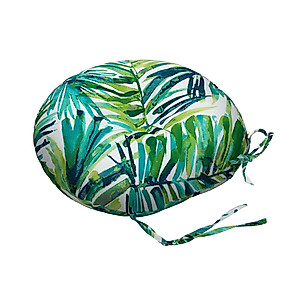 Magpie Fabrics 15" Round Bistro Seat Cushions with Ties, Set of 2, Waterproof All Weather Tufted 4" Thick Patio Chair Pads for Home Garden Dining Metal Stool - Green Palm Leaves