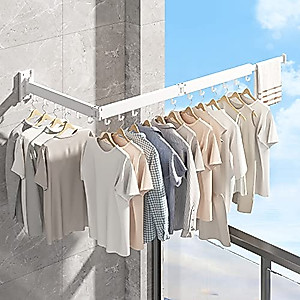 Clothes Drying Rack,Laundry Drying Rack,Laundry Room Organization,Clothes Rack Wall Mount,Wall Mounted Laundry Rack Folding,Retractable Clothing Rack,Collapsible Clothes Hanging Rack(Hooks,White)