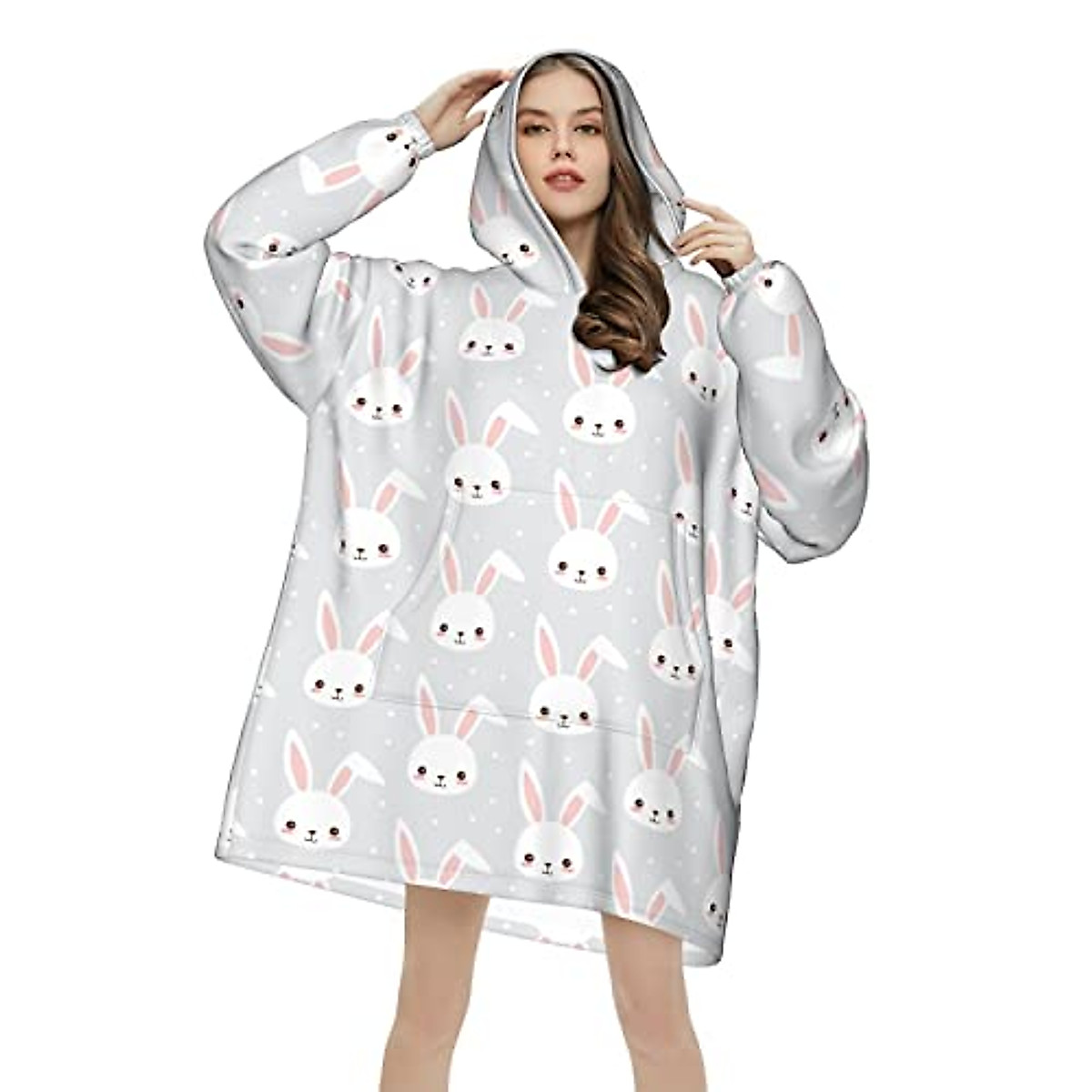 FeHuew Women Cute Bunny Cartoon Rabbits Blanket Hoodie Oversized Pullover Giant Fleece Sweatshirt with Large Front Pocket Comfy for Adults Men Women,One Size Fits All