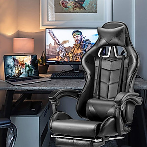 Soontrans Gaming Chairs with Footrest, PU Leather Office Chair, Gamer Chair,Ergonomic Game Chair with Height Adjustment, Lumbar Support (Carbon Black)
