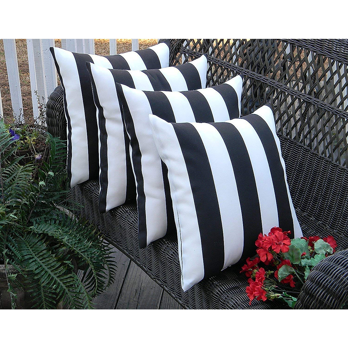 RSH Decor: Square Throw Pillows Set of 4 | 17” x 17” | All-Weather Spun Fabric | Water and Fade-Resistant | Outdoor Accent Pillows for Patio Furniture | Black & White Stripe