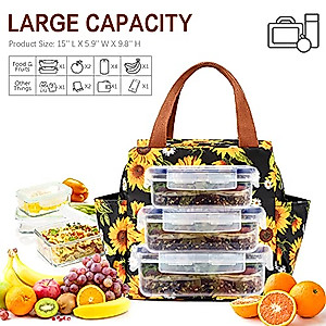 Lunch Bags for Women Insulated Lunch Bag Reusable Lunch Cooler Bag with Large Side Pockets Lunch Box Durable Lunch Container Reusable Lunch Tote Bag for Camping, Hiking, Picnic (D-Sunflowers)
