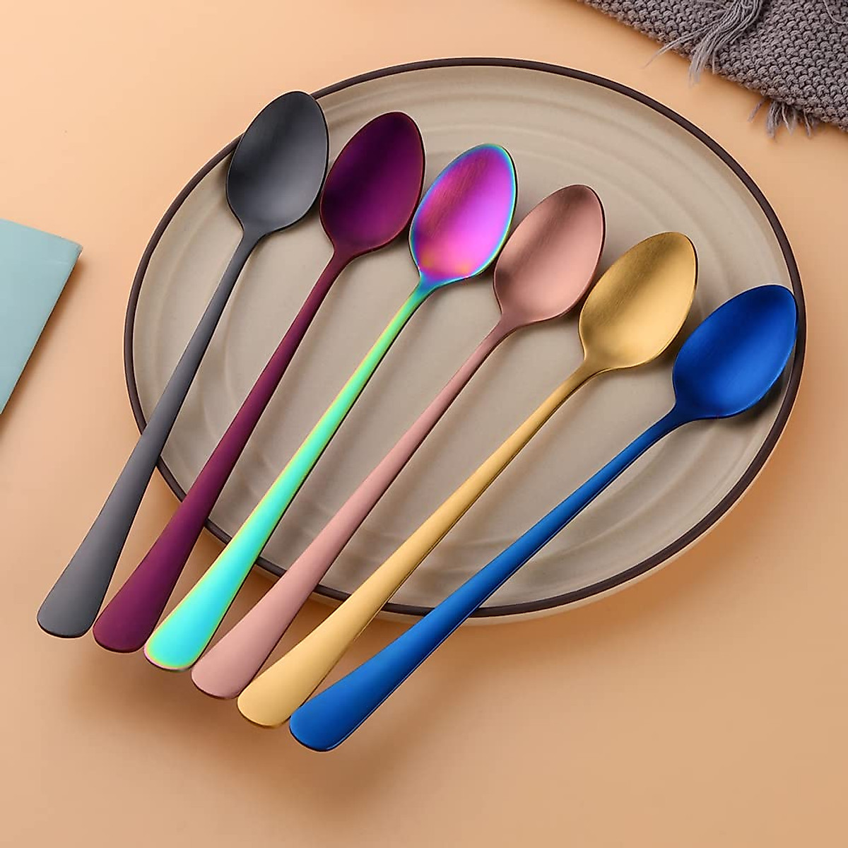 MINGYU 7.87-Inch Ice Tea Spoons Long Handle, Stainless Steel Ice Cream Spoon Matte Finish Colorful Cocktail Stirring Spoons Set of 12, 6