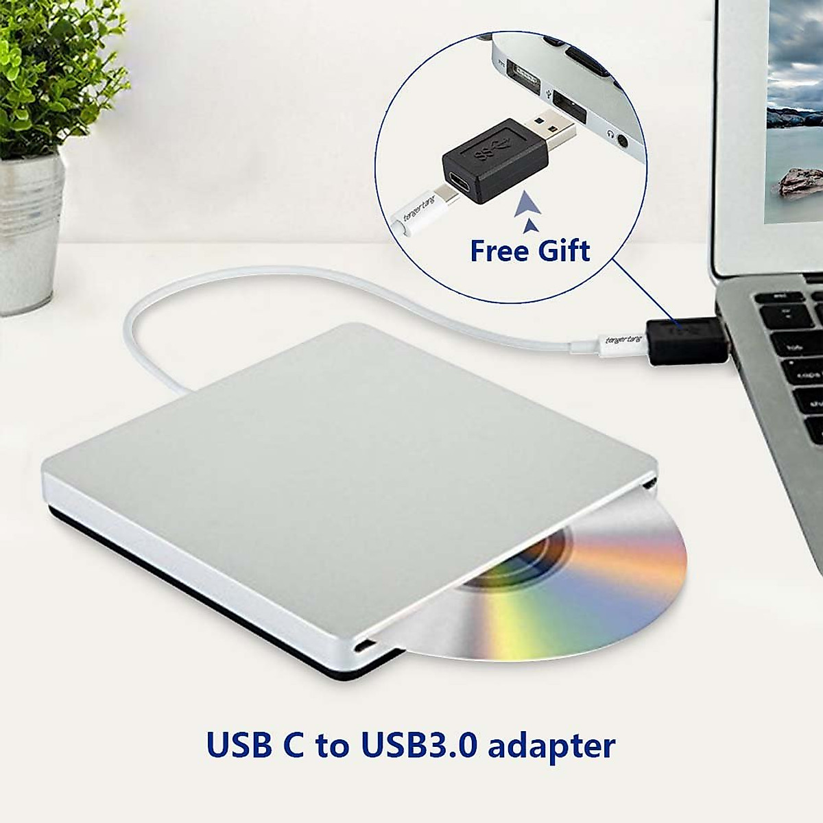 tengertang USB-c Super External Drive, Portable External CD/DVD-rw Writer/Player/Burner for The Latest MacBook/asus/asus/dell Latitude/MacBook Pro (Silver)