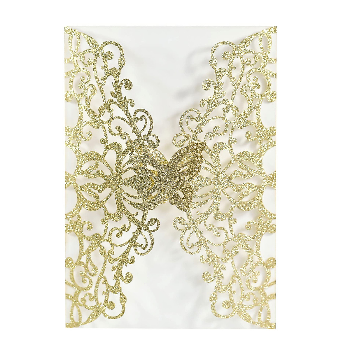 50sets Glitter Laser Cut Lace Flora Wedding Invitation Cards with Butterfly and Envelopes for Bridal Shower Engagement Quinceañera Wedding Invite (Only invitation Cards, Glitter Gold)