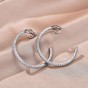 YOQUCOL 4.3CM(1.7in) Silver Clip On Hoop Earrings Cubic Zirconia Non Pierced Ears Hoops for Women