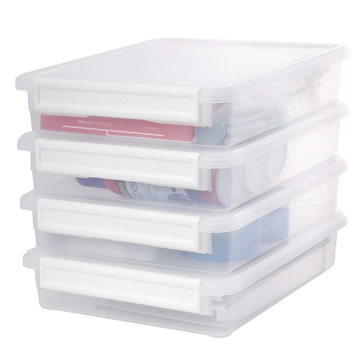 Plano (Pack of 4) Cubby Cube Clear Storage| Stackable Clear Storage Bins With Secure White Latch, Clear With White Latch
