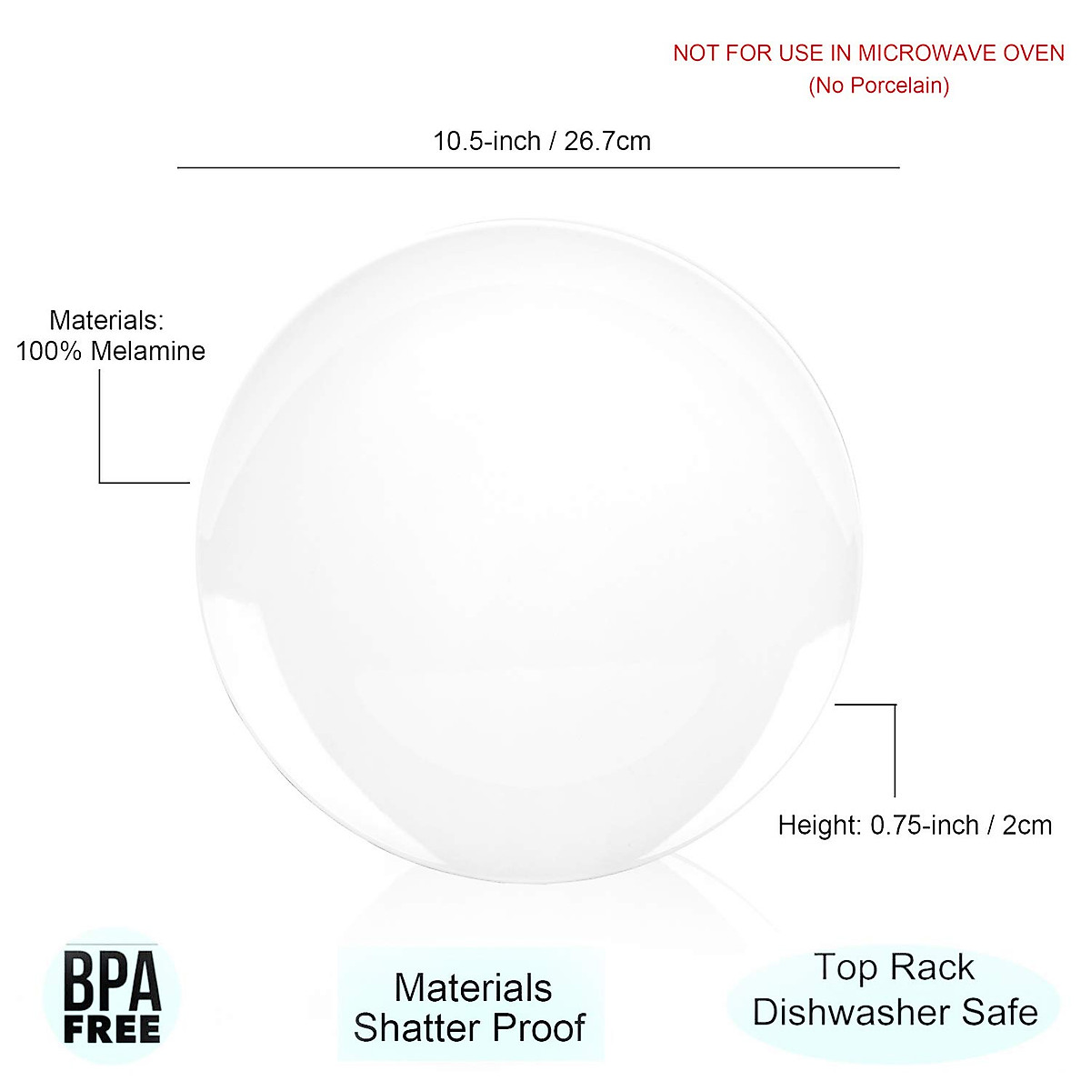 KOXIN-KARLU Melamine Plates, 10.5-inch Dinner Plates Dinnerware Dish, set of 6 White | 100% Melamine, Dishwasher Safe, BPA Free