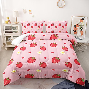 Nttopship Cute Strawberry Comforter Sets，Bedding Sets Full Size for Kids,Cute Strawberries and Flowers Comforter Sets All Season 1 Comforter and 2 Pillowcases
