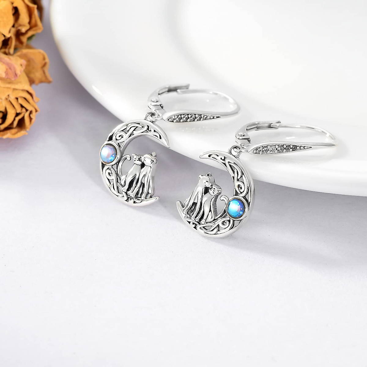 YAFEINI Cats Dangle Earrings Sterling Silver Crescent Moon and Moonstone Drop Earrings Jewerly Gifts for Cats Lovers Women (Cats Dangle Earrings)