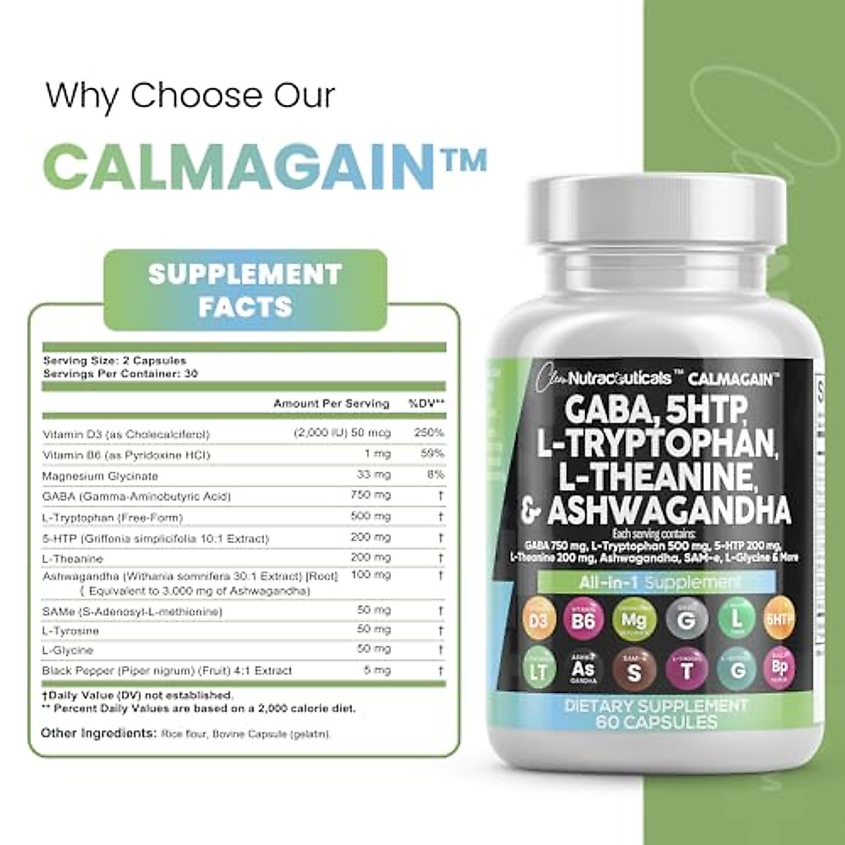 Clean Nutraceuticals GABA 750mg 5 HTP 200mg L Tryptophan 500mg L Theanine 200mg Ashwagandha 3000mg SAM-e L-Glycine - Mood Support Vitamins for Women and Men with L-Tyrosine - Count