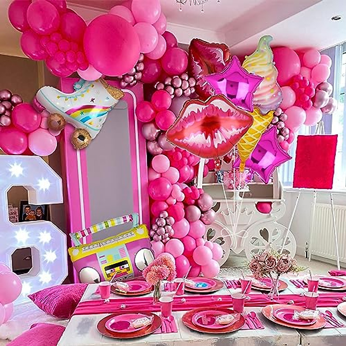 6 Pcs Rainbow Roller Skate Balloons Boom Box Balloon Ice Cream Truck Red Lip Balloon Girl Baby Shower Princess Doll Theme Birthday Party Decor Supplies Pink
