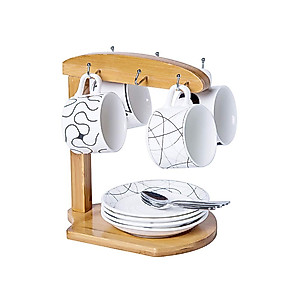 6 Holder Kitchen Mug Holder Stand Mug Tree Teacup Storage Rack Coffee Bar Kitchen Countertop Organizer Bamboo (Stainless Steel Hook)