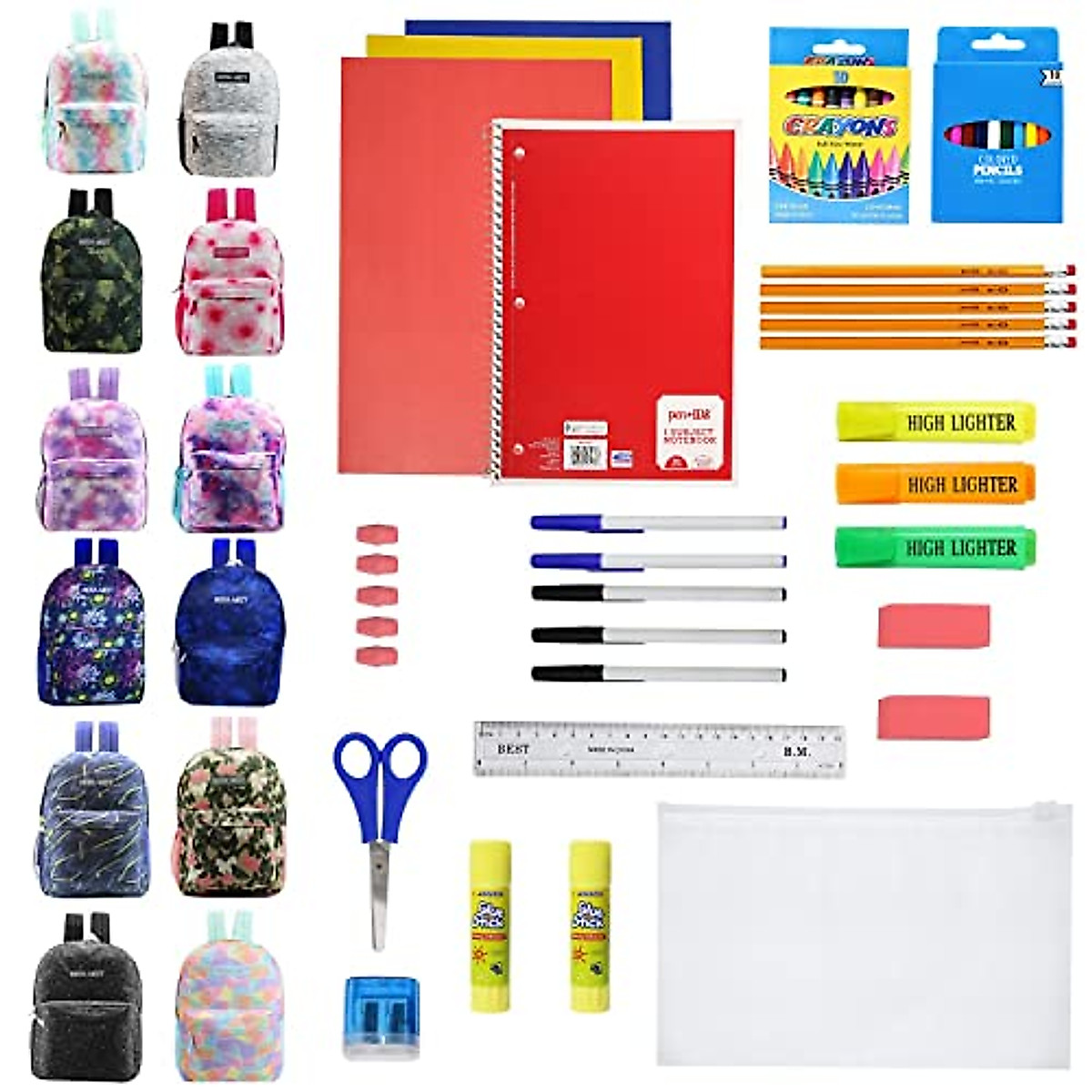 12-Pack 17” Sport Backpacks with 50 Piece School Supplies Kits – Bulk Bundle Essential for Elementary, Middle, and High School Students, 12 Assorted Styles