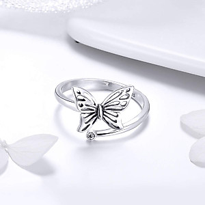 925 Sterling Silver Dainty Butterfly Expandable Open Cuff Rings Statement Ring Engagement Rings Adjustable Animal Promise Band Ring for Women