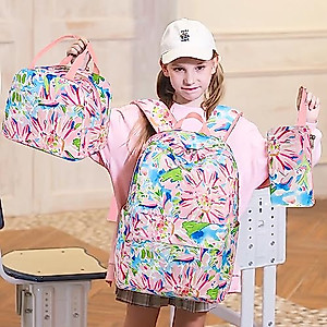 BTOOP Girls School Backpack Set Floral Schoolbag Laptop Bookbag Insulated Lunch Tote Bag Purse Teens Kids