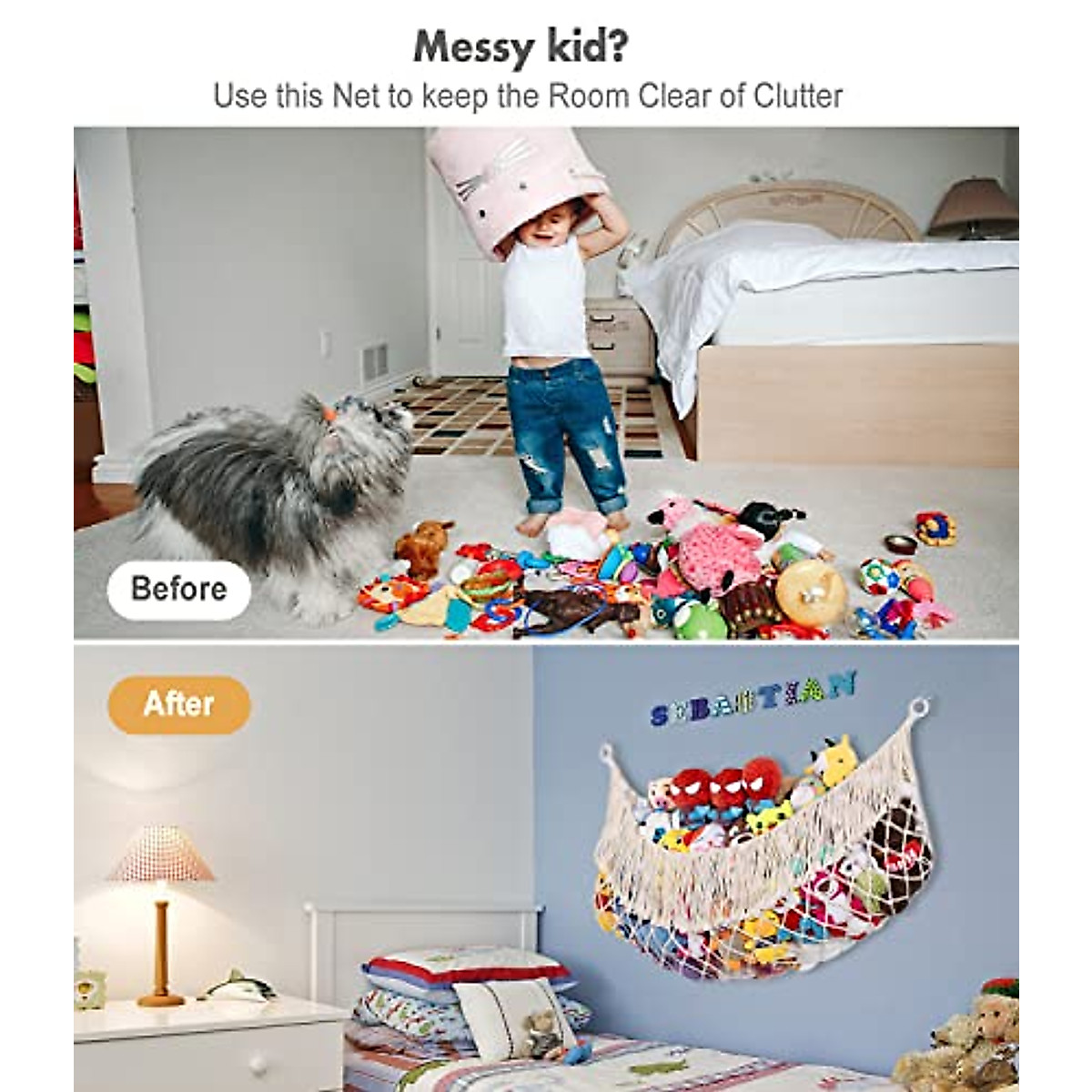 Large Stuffed Animal Hammock - [56'' Wide/Upgraded Handwoven Macrame/Cream] Toy Storage Net Hammock for Flat Wall, Hardware Included