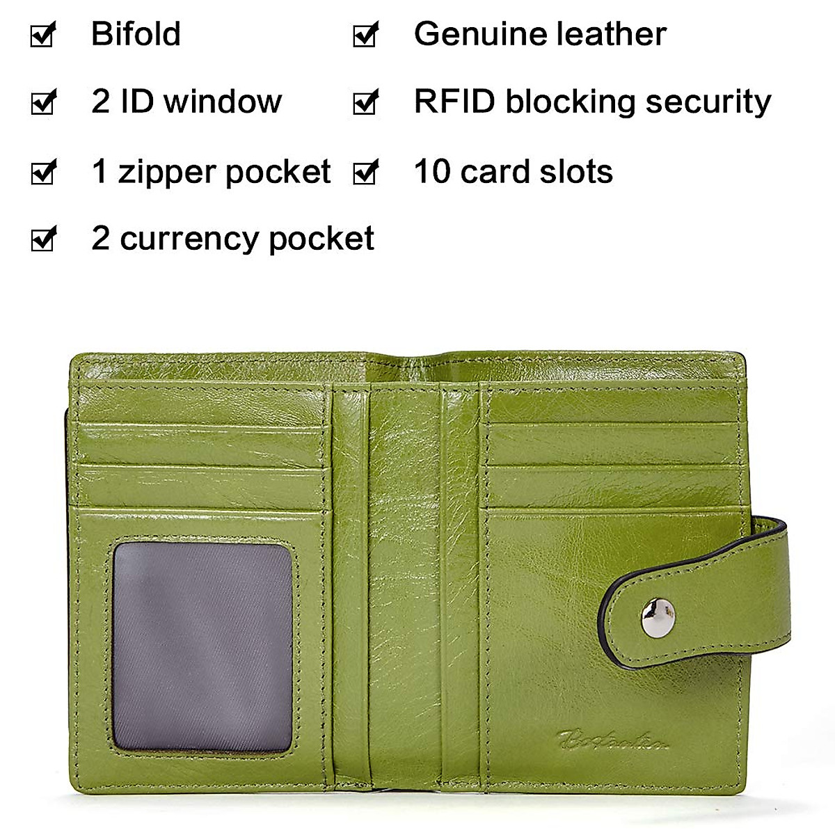 BOSTANTEN Women Leather Wallet RFID Blocking Small Bifold Zipper Pocket Wallets Card Case Purses with ID Window Green