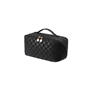 EACHY Travel Makeup Bag,Large Capacity Cosmetic Bags for Women,Waterproof Portable Pouch Open Flat Toiletry Bag Make up Organizer with Divider and Handle (LD-Black, Large)