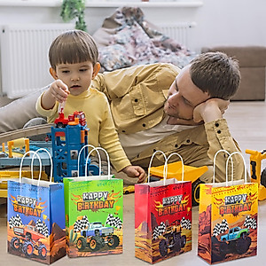 GITMIWS 24 Pack Monster Truck Paper Gift Bags with 24pcs Tissue Paper, Truck Party Favor Bags with Handles, Monster Truck Treat Bags for Kids Boys Birthday Party Goodie Bags, Party Supply Decoration