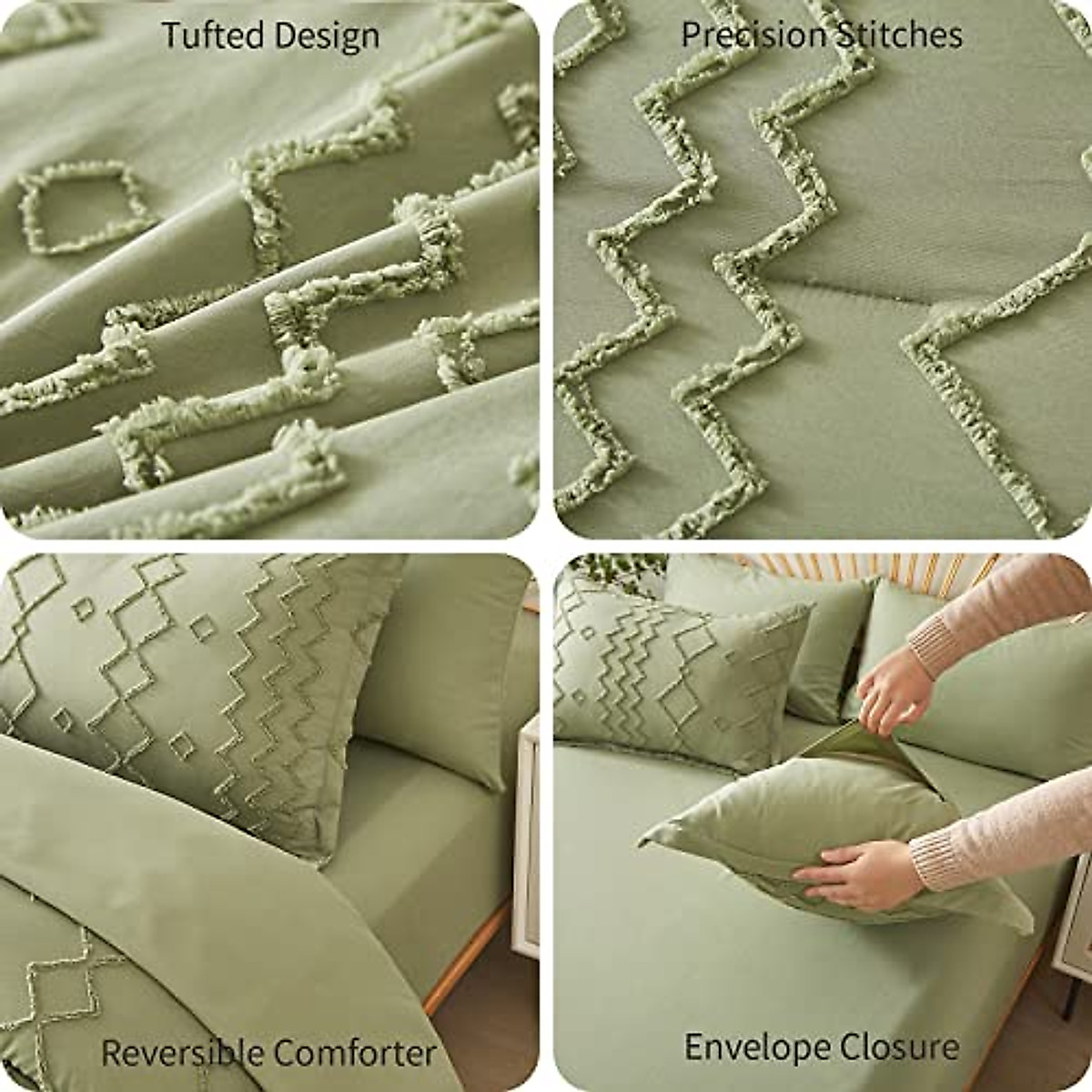 FLYMME Green Tufted Bed in A Bag Queen Size Comforter Set with Sheets, Soft Lightweight Geometric Embroidery Bedding Set 7PC, Boho Shabby Chic Farmhouse Collection All Season (Sage Green, 90''x 90'')