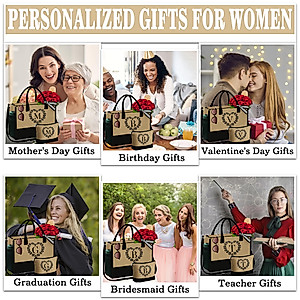 YOOLIFE Unique Mom Birthday Gifts for Women, Mother of the Bride Gifts Initial Jute Tote Bag for Women Beach Bag Tote Makeup Bag with Zipper Personalized Gifts Friend Birthday Gifts for Women Letter E