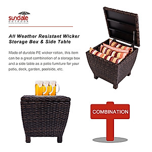 Sundale Outdoor Small Deck Storage Box Outdoor with Lid, 13 Gallon Small Outdoor Bin Storage Container for Hose Cushion Towel, Patio Brown Side Wicker Table with Storage-Steel, Rattan, Square