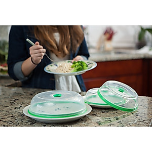 Press n Fresh Universal Vacuum Air-tight Food Sealer Container Plate Platter Lid Cover Topper Dome, Stackable, Dishwasher and BPA Free (9 & 7, Green)