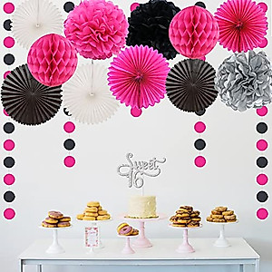16th Birthday Decorations for Girls Hot Pink and Black Gold Happy Birthday Bunting Banner Tissue Pom Poms Paper Fans Circle Dots Sweet 16 Party Supplies…