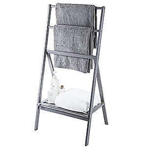 MyGift 43 Inch Rustic Dark Gray Solid Bamboo Freestanding Towel Rack, Bathroom Folding Towel Drying Stand with Bottom Storage Shelf