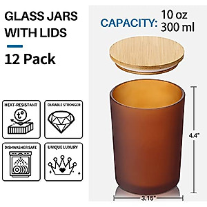 Aminigram 12 Pack, 10 oz Frosted Amber Candle Jars with Bamboo Lids and Sticky Labels, Empty Glass Candle Jars for Making Candles, Morden Kitchen Bathroom Small Things Container - Dishwash Safe