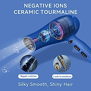 Negative Ionic Hair Dryer Ceramic Blow Dryer 1875W Powerful Professional Hair Dryers 2 Speed and 3 Heat Settings with Concentrator, Blue